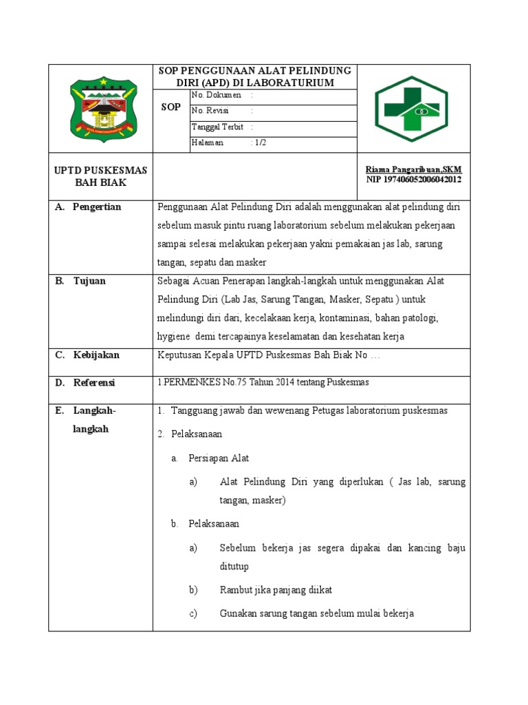 Sop Apd - Penggunaan Alat Pelindung Diri (Apd) | PDF | Sains & Matematika