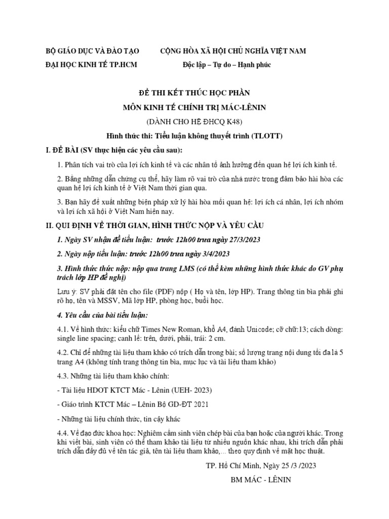 ĐỀ TIỂU LUẬN KTHP KTCT K48 (3-4-2023) PDF | PDF