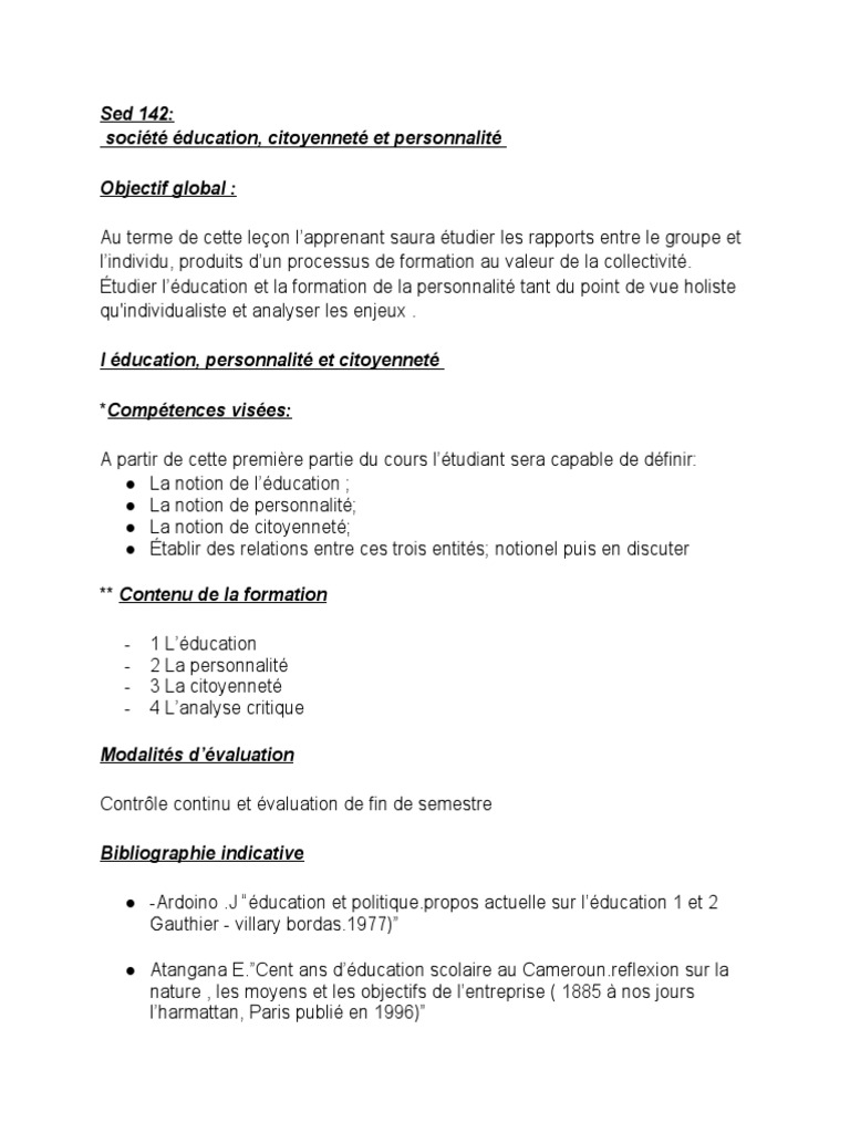 Éducation, Citoyenneté et Personnalité | PDF