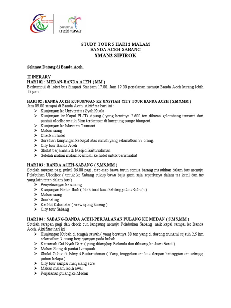 Sman2 Sipirok: Study Tour 5 Hari 2 Malam Banda Aceh-Sabang | PDF