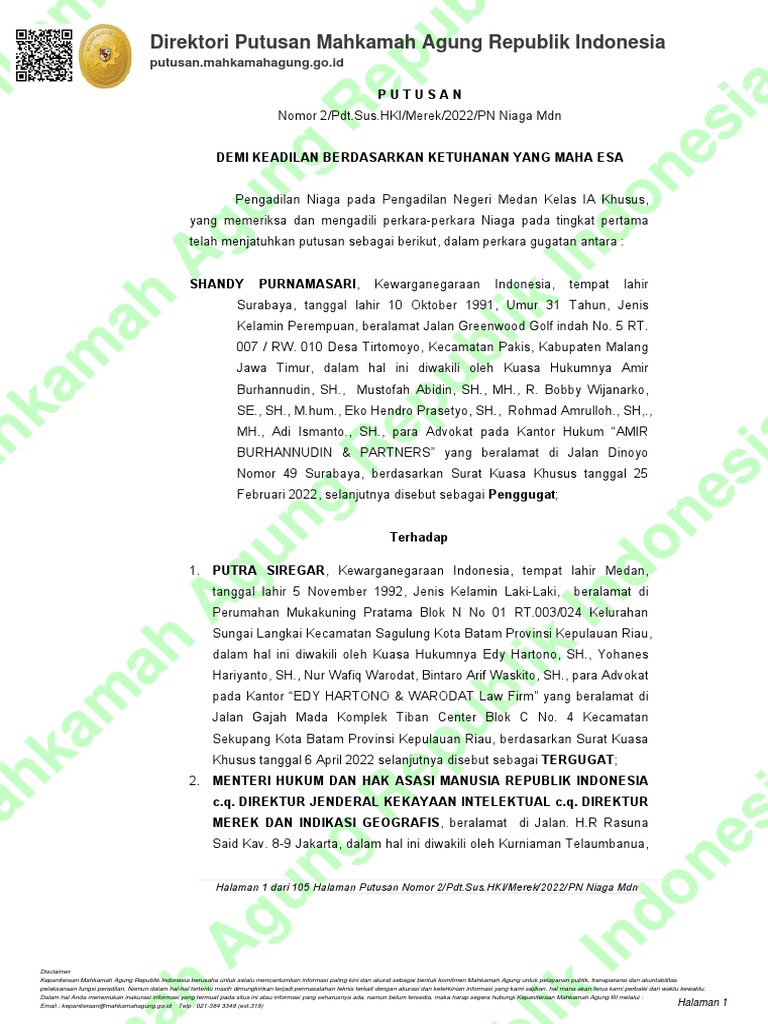 Putusan 2 PDT - Sus-Hki Merek 2022 PN Niaga MDN 20230222181624 PDF | PDF