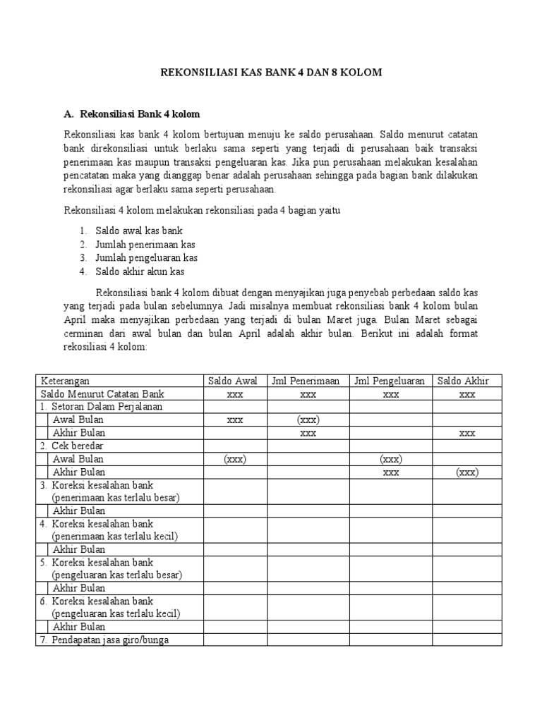 REKONSILIASI KAS BANK 4 Dan 8 KOLOM | PDF