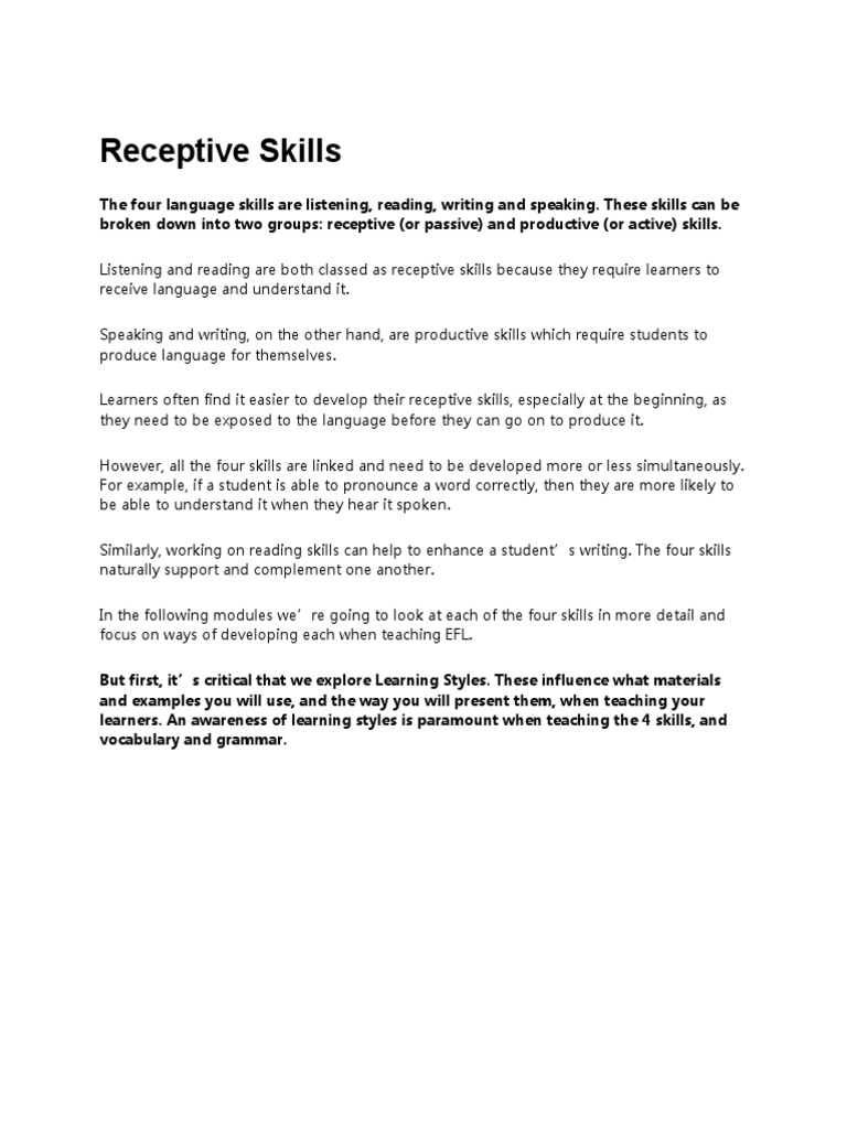 Receptive Skills | PDF | Learning Styles | Learning