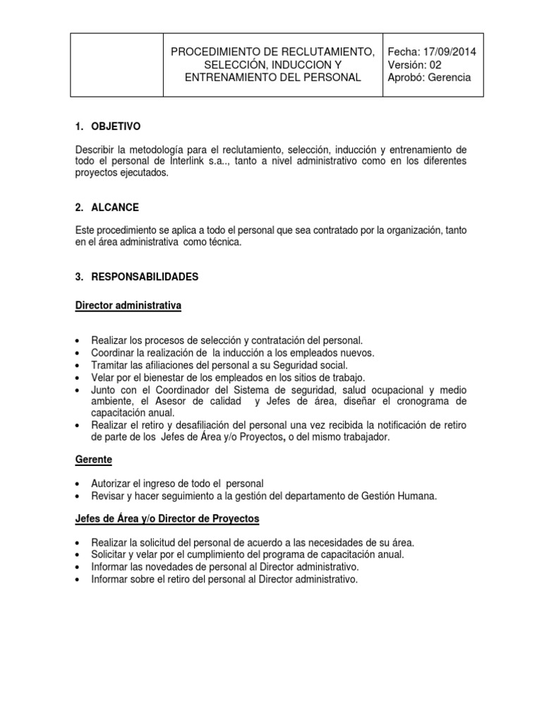 Procedimiento de Reclutamiento, Selección, Induccion y Entrenamiento Del Personal | PDF ...