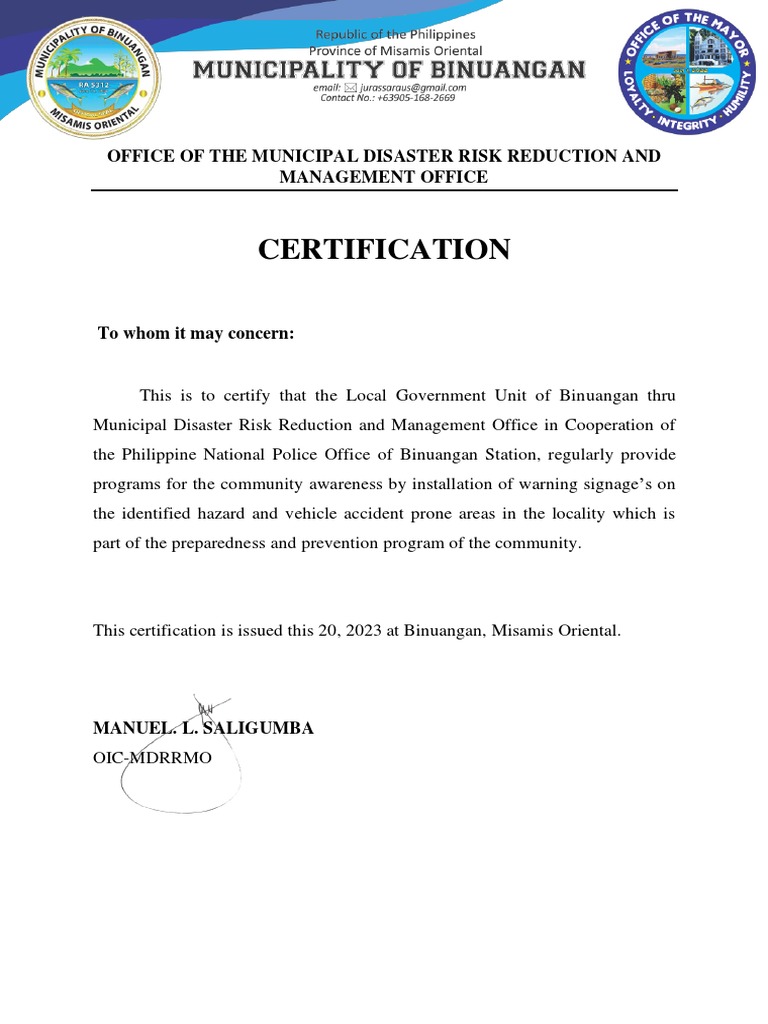 MDRRMO Community Awareness Certification | PDF | Finance & Money Management