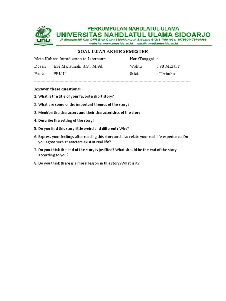 Soal Ujian Akhir Semester Intro To Literature | PDF Soal Ujian Akhir Semester Intro To Literature | PDF