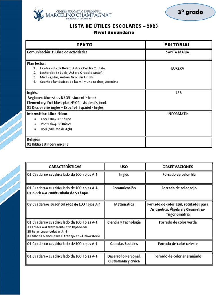 Lista de Útiles 3° Secundaria | PDF | Instrumentos musicales ...