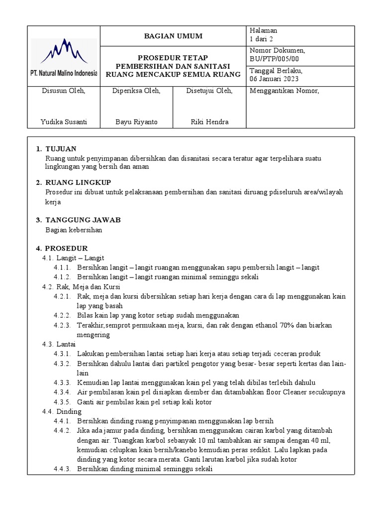 PROTAP. BU - PTP.005. Pembersihan Dan Sanitasi Ruang | PDF