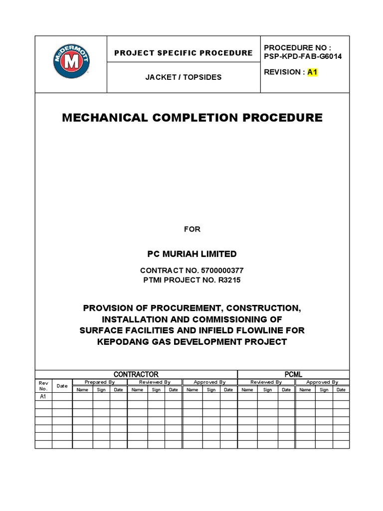 PSP-KPD-FAB-G6014 R3215 Mechanical Completion Procedure Rev A1 | PDF | Valve | Bearing (Mechanical)
