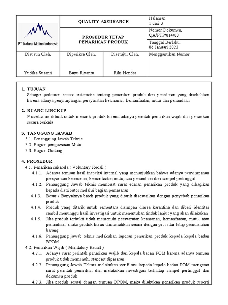 PROTAP. QA - PTP.014.penarikan Produk | PDF