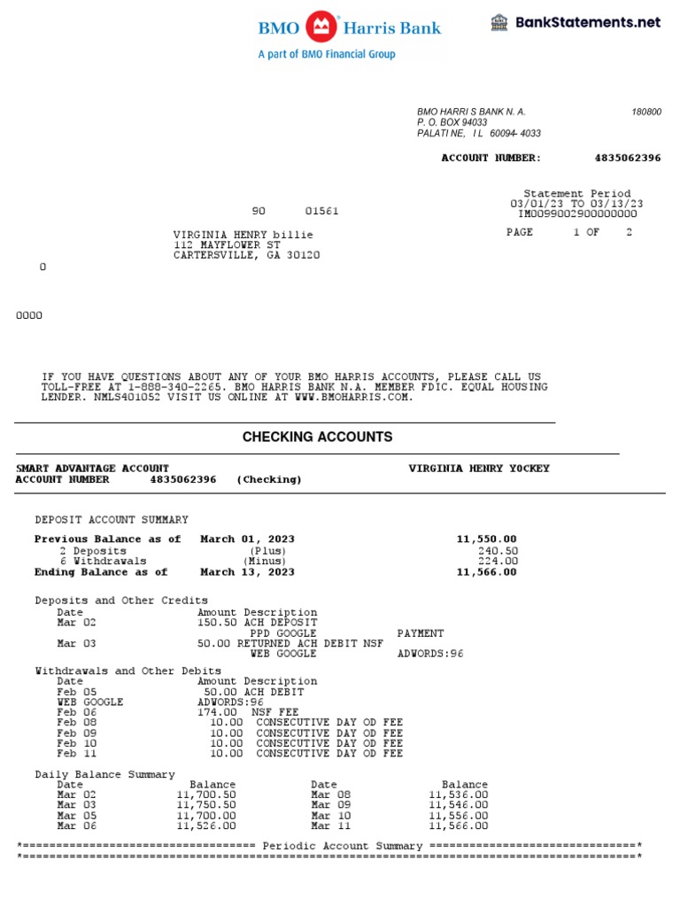 Virginia Henry BillieBMO Harris Bank Statement | PDF | Credit Card ...