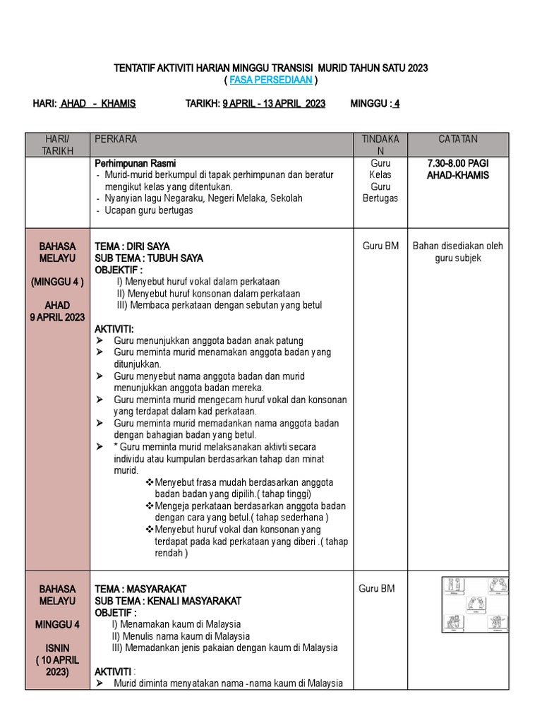Jadual Transisi Minggu 4 | PDF