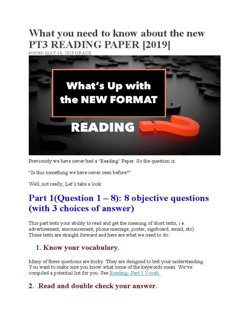 PT3 Reading Paper 2019 Overview | PDF | Vocabulary | Cognition