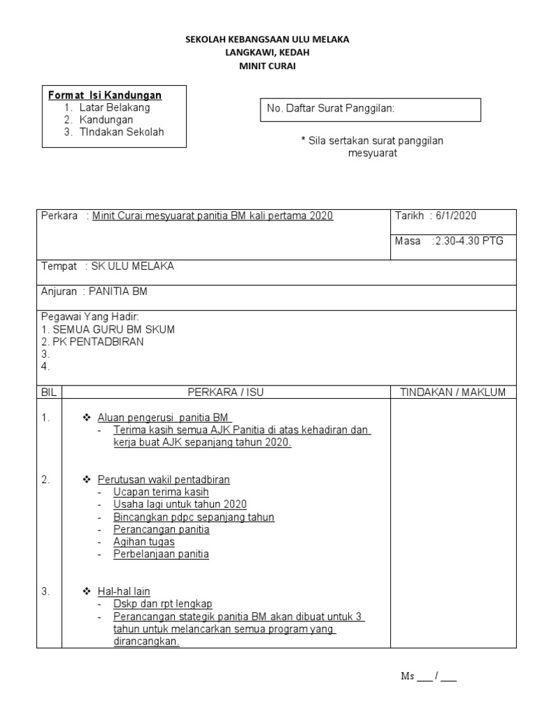 Borang Minit Curai 1 Pdf