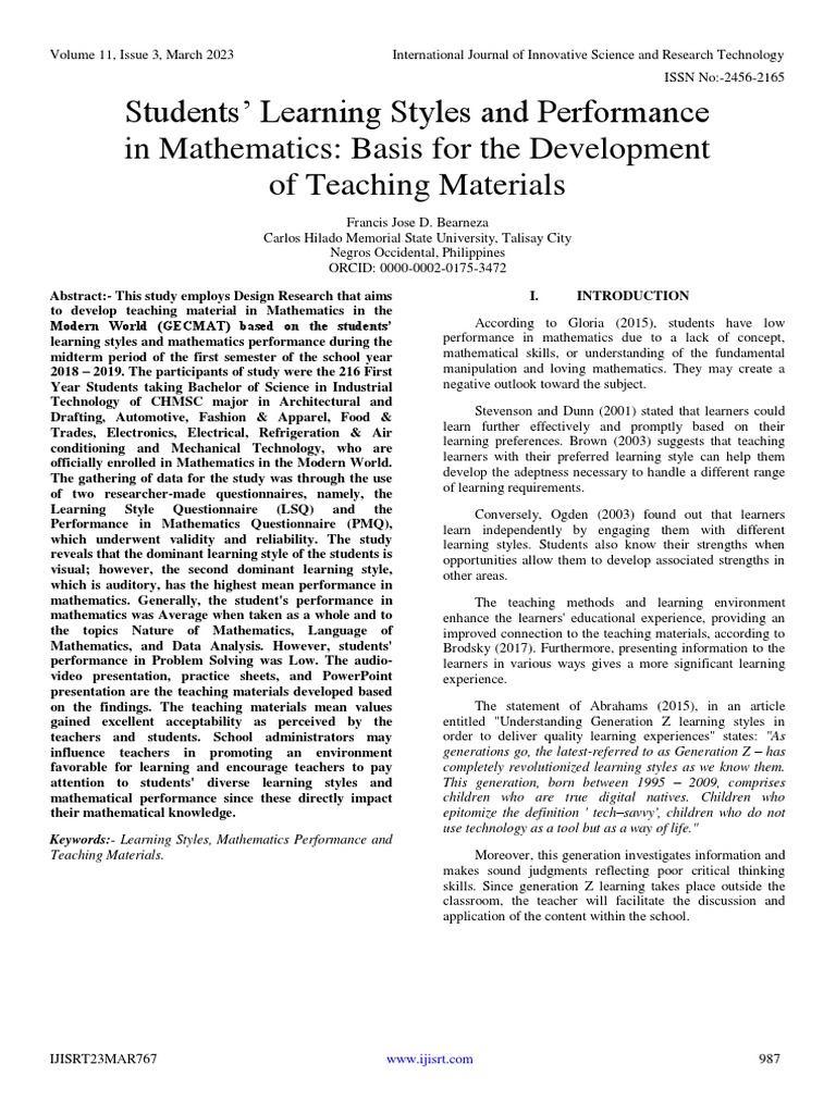 Students' Learning Styles and Performance in Mathematics Basis For The Development of Teaching ...