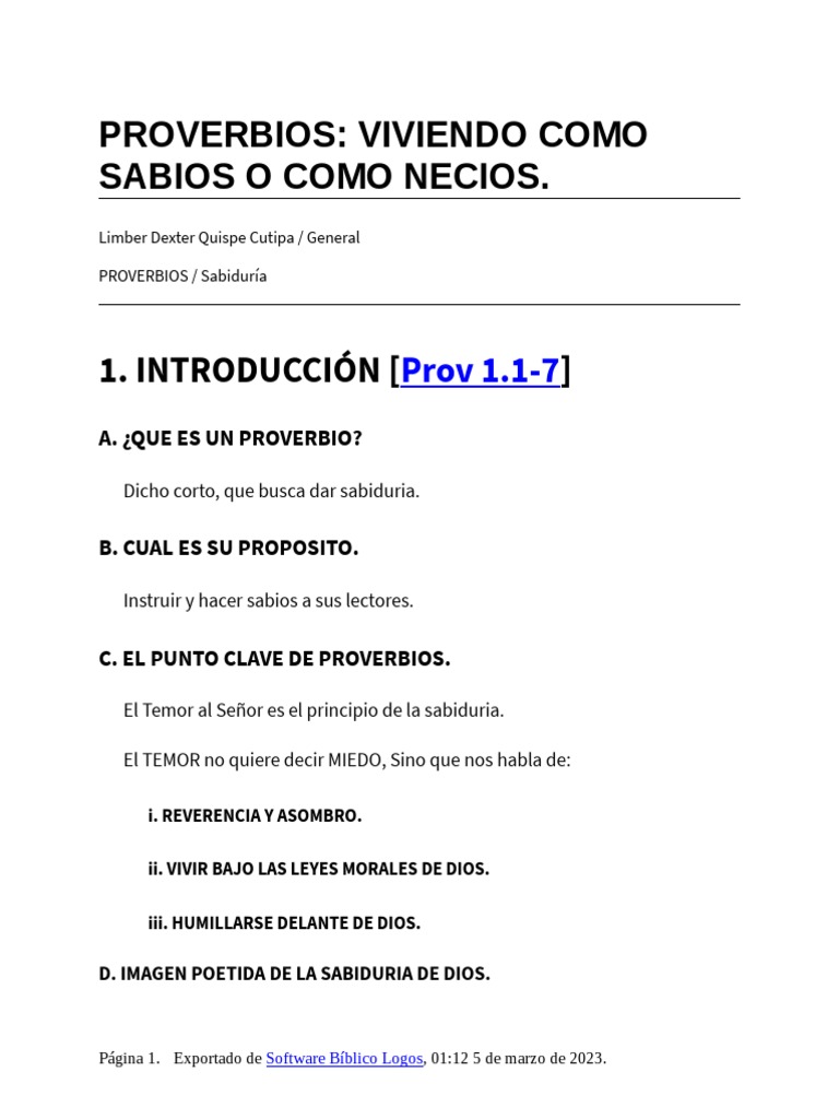 Proverbios: Viviendo Como Sabios O Como Necios.: Prov 1.1-7 | PDF