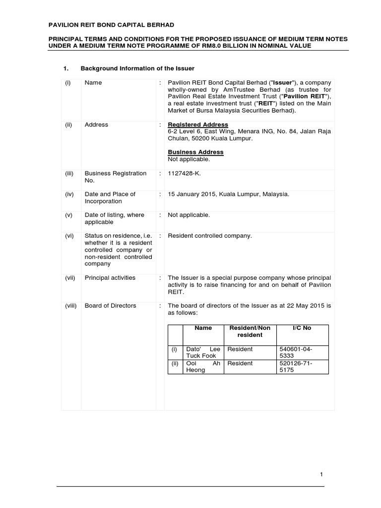 Pavilion REIT MTN Issuance Terms | PDF | Finance & Money Management
