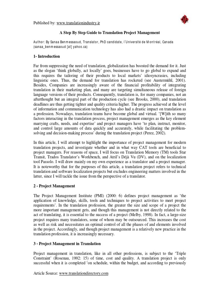 Benmessaoud 2004 A Step by Step Guide To Translation Project Management Unlocked | PDF | Project ...