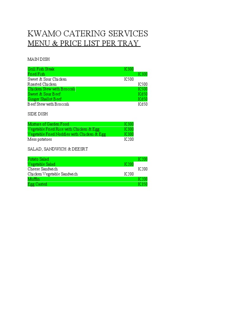 KWAMO Catering Menu & Price List | PDF