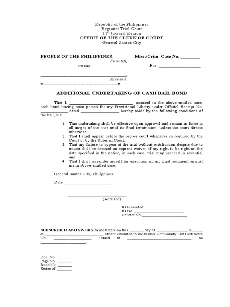 Undertaking For Cash Bond | PDF | Bail | Public Law