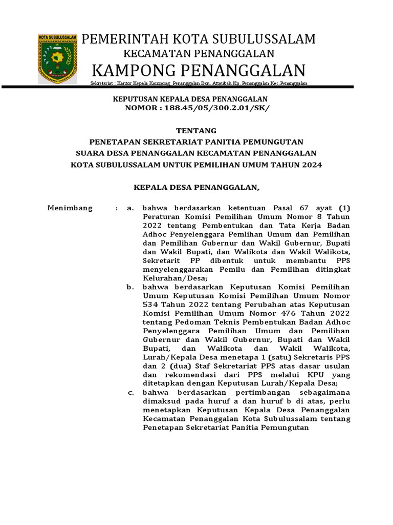 Format SK Kepala Desa Penanggalan - Sekretariat PPS | PDF