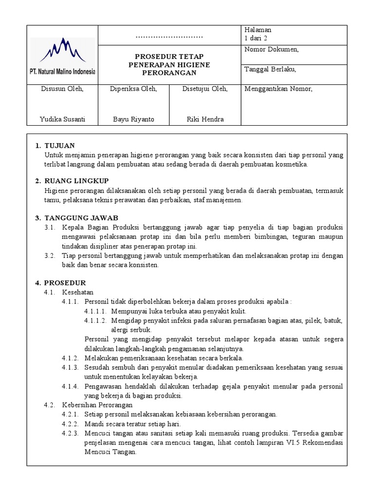 Protap. Penerapan Higiene Perorangan | PDF