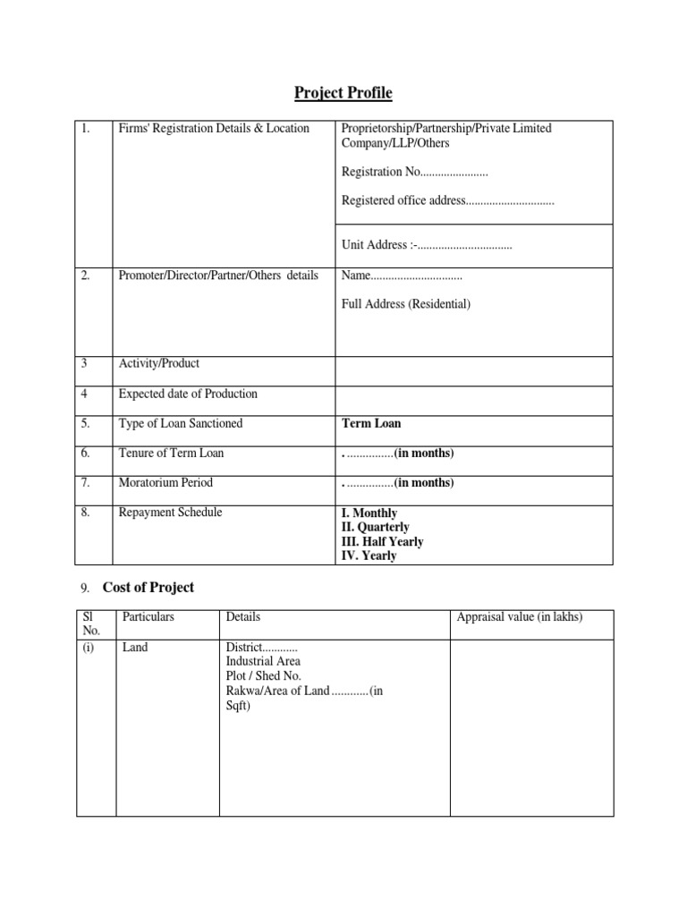 Project Profile Format For Getting PPR or DPR From Investor Applicant ...