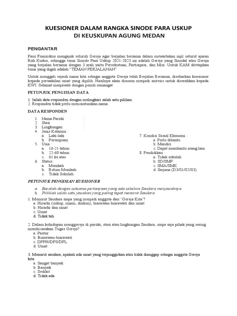 Kuesioner Dalam Rangka Sinode para Uskup Di Keuskupan Agung Medan | PDF | Gaya Hidup