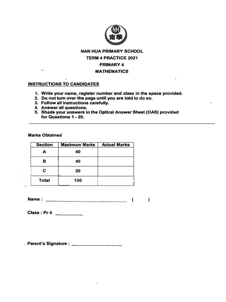 Nan Hua Primary School Term 4 Practice 2021 Primary 4 Mathematics ...