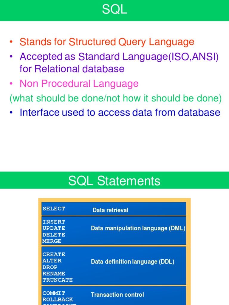 Stands For Structured Query Language: - Accepted As Standard Language (ISO, ANSI) For Relational ...