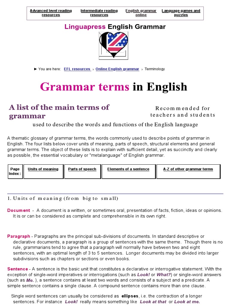 Glossary of English Grammar Terms | PDF | Verb | Word