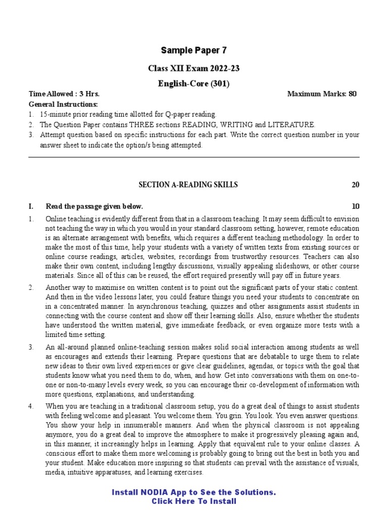 Class XII Exam 2022-23 English-Core (301) : Sample Paper 7 | PDF ...