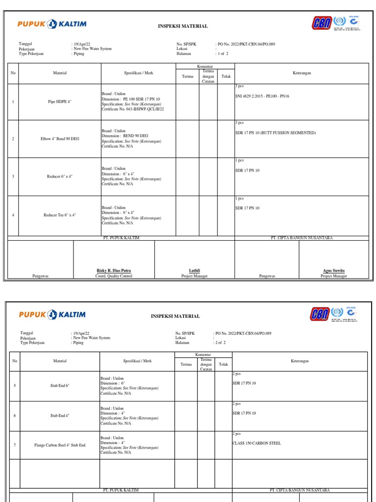 Form HDPE Pipe Inspection-2 | PDF | Civil Engineering | Industrial ...