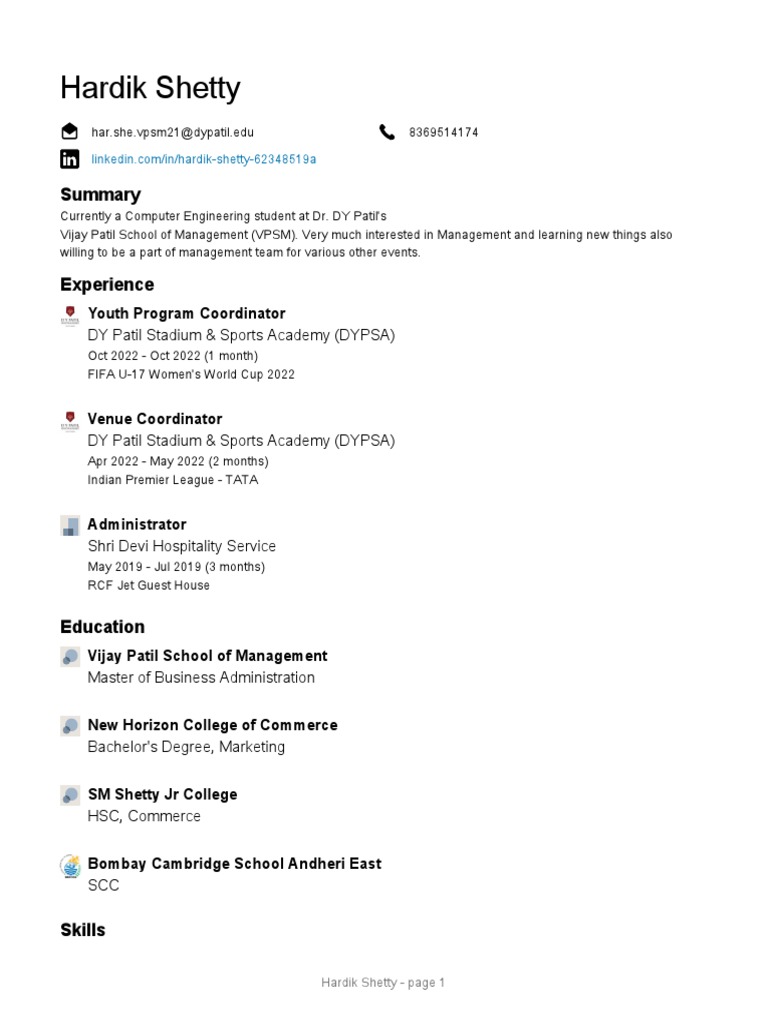 Hardik Shetty: Management Student Profile | PDF | Business