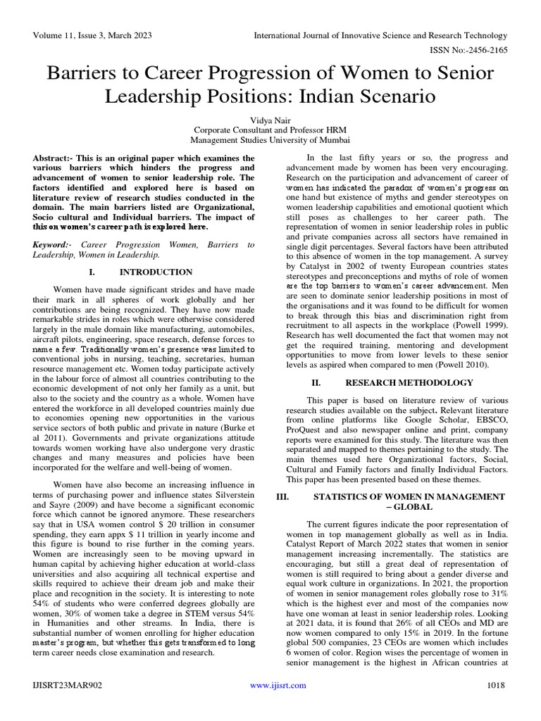 Barriers To Career Progression of Women To Senior Leadership Positions Indian Scenario | PDF