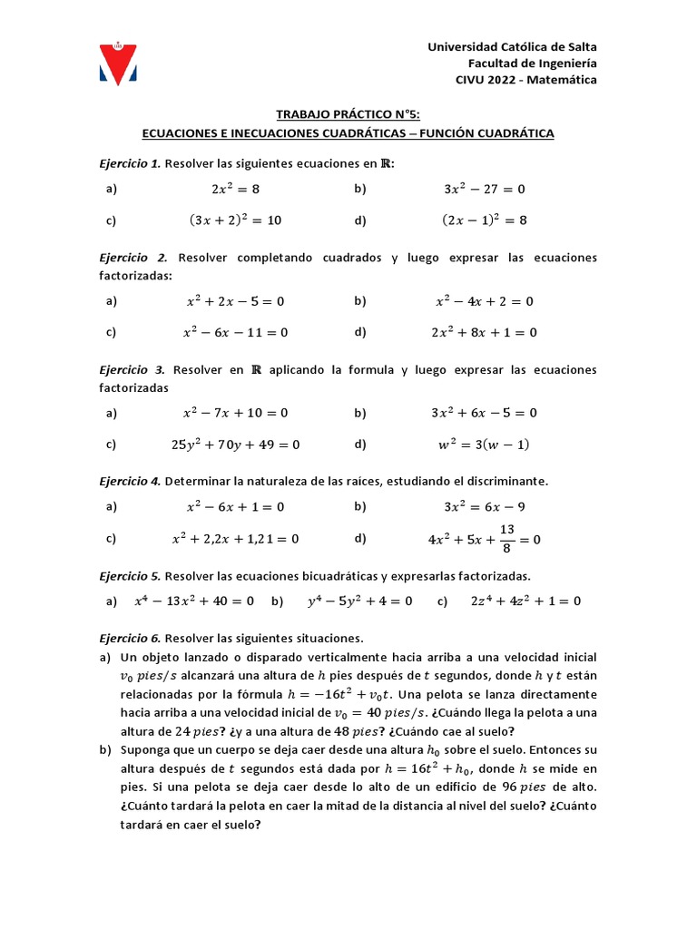 TP 5 función cuadrática | PDF | Ecuaciones | Matemáticas