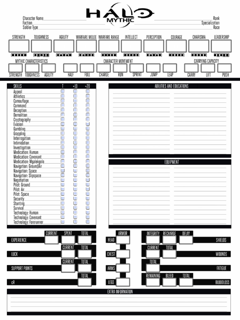 Halo Mythic 2.0 Beta Character Sheet Black and White | PDF