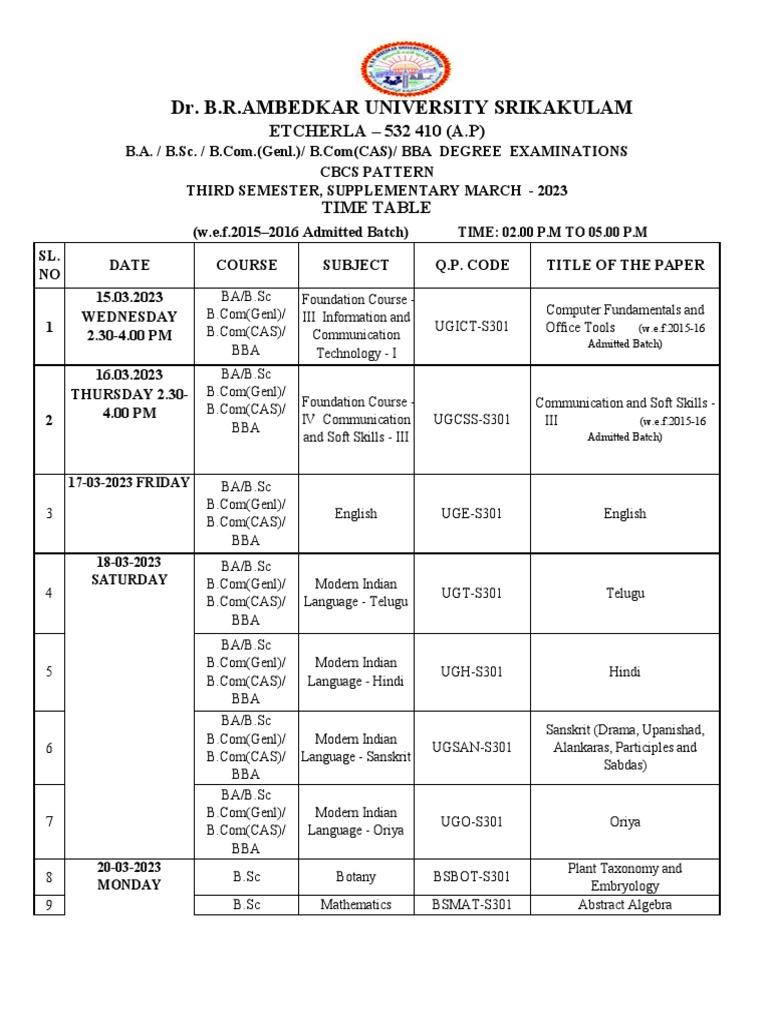UG III SEM, SUPPLEMENTARY TIME TABLE MARCH 2023 (W.e.f 2015-16) PDF ...