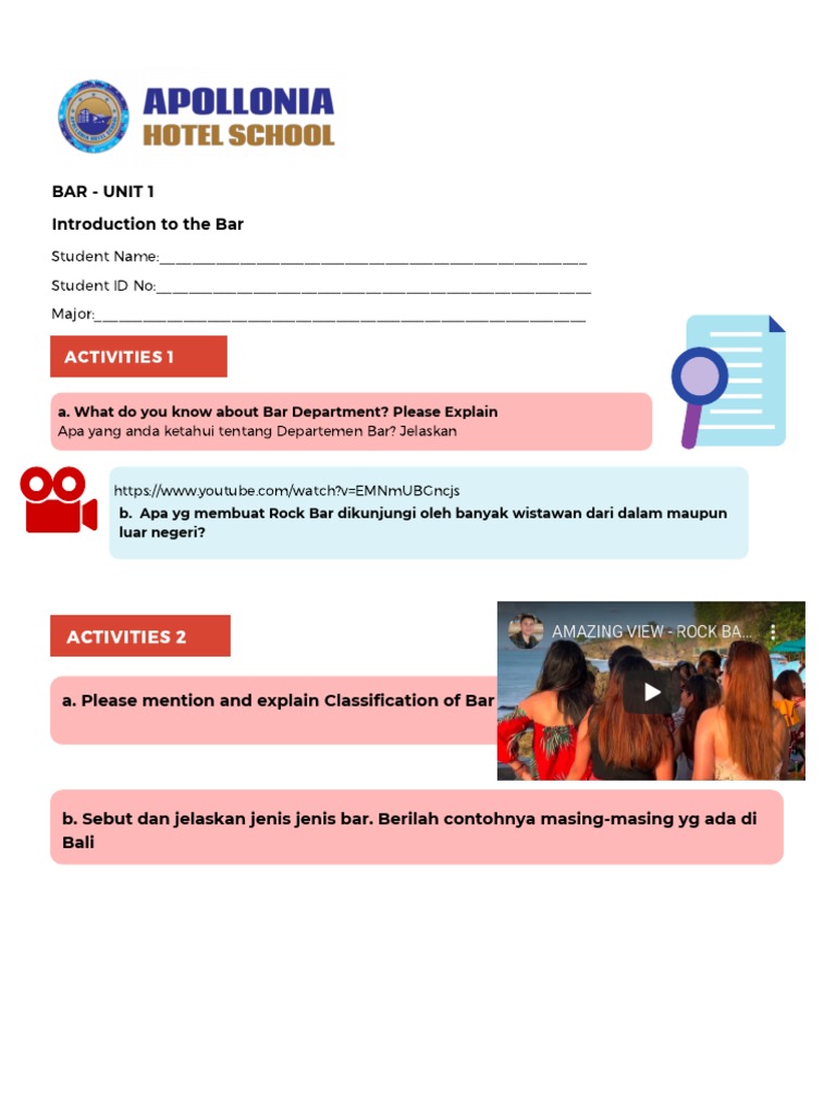 Bar - UNIT 1 (Worksheet) | PDF