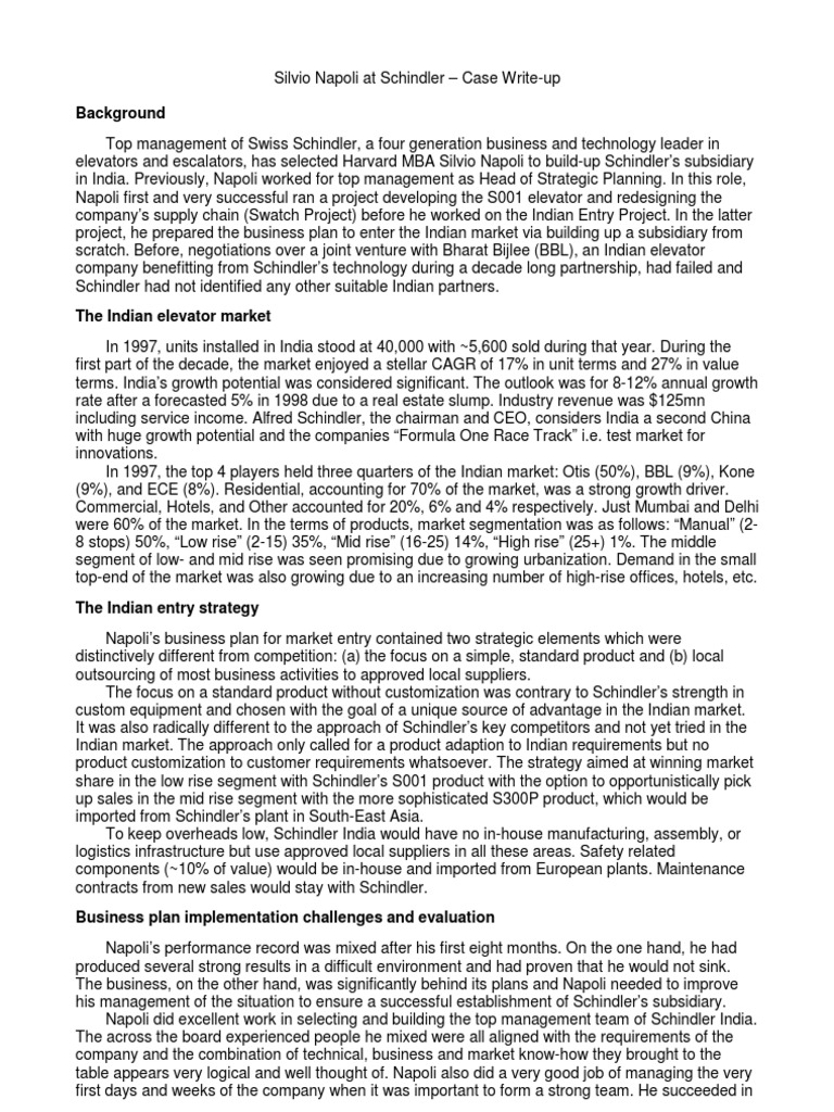 Silvio Napoli Schindler - Case Write-Up | PDF | Strategic Management ...