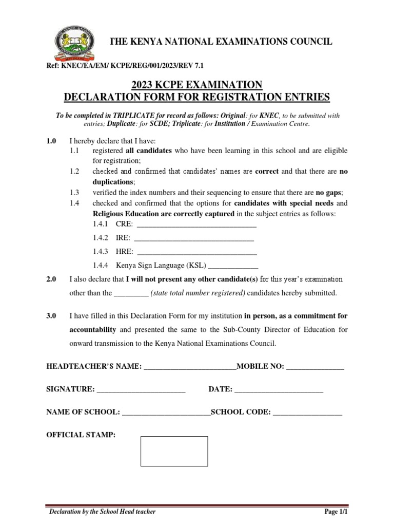 KCPE Registration Declaration Form 2023 | PDF