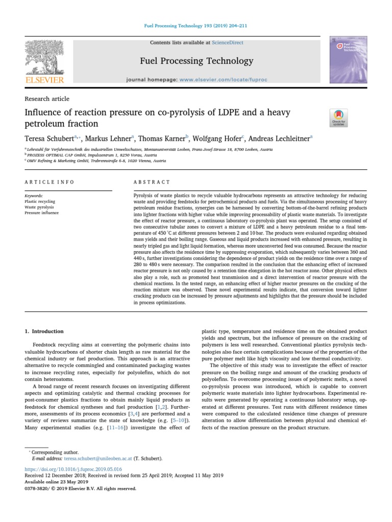 Influence of Reaction Pressure On Co-Pyrolysis of LDPE and A Heavy ...