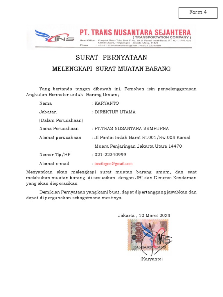 Surat Pernyataan: Melengkapi Surat Muatan Barang | PDF