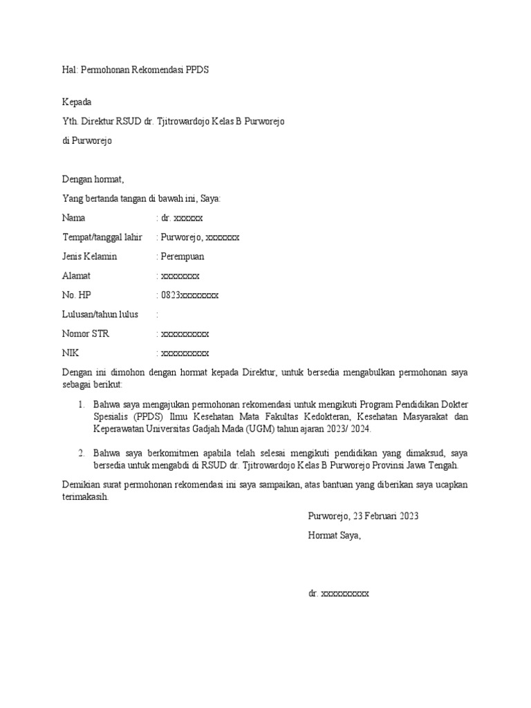 Surat Permohonan Rekomendasi PPDS | PDF Surat Permohonan Rekomendasi PPDS | PDF