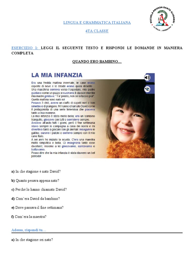 4° Año - Italiano - ATTIVITÀ - IMPERFETTO INDICATIVO | PDF