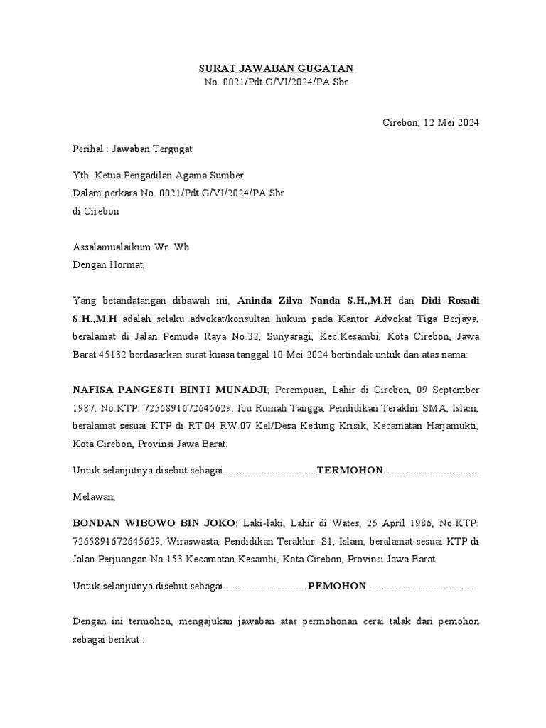 Surat Jawaban Gugatan | PDF