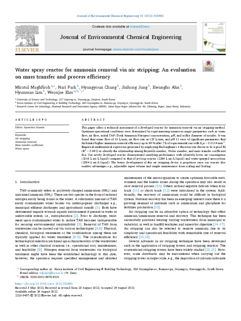 Water Spray Reactor For Ammonia Removal Via Air Stripping: An ...