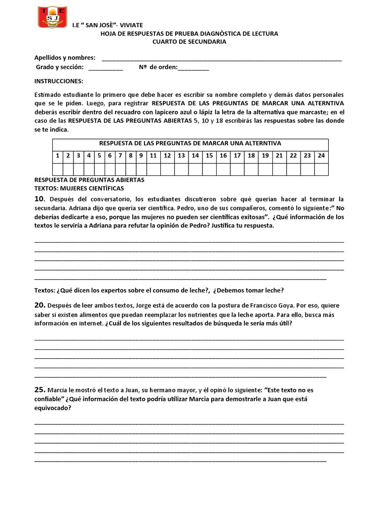 Prueba Diagnóstica de Lectura 4° Sec. | PDF