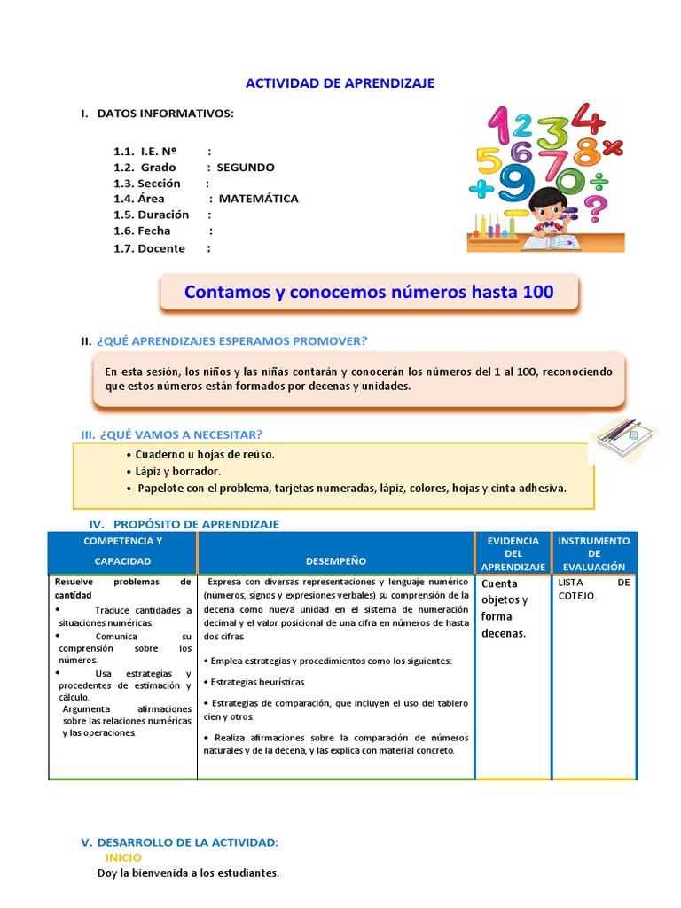 D2 A1 SESION MAT. Contamos y conocemos números hasta 100 | PDF | Evaluación | Aprendizaje