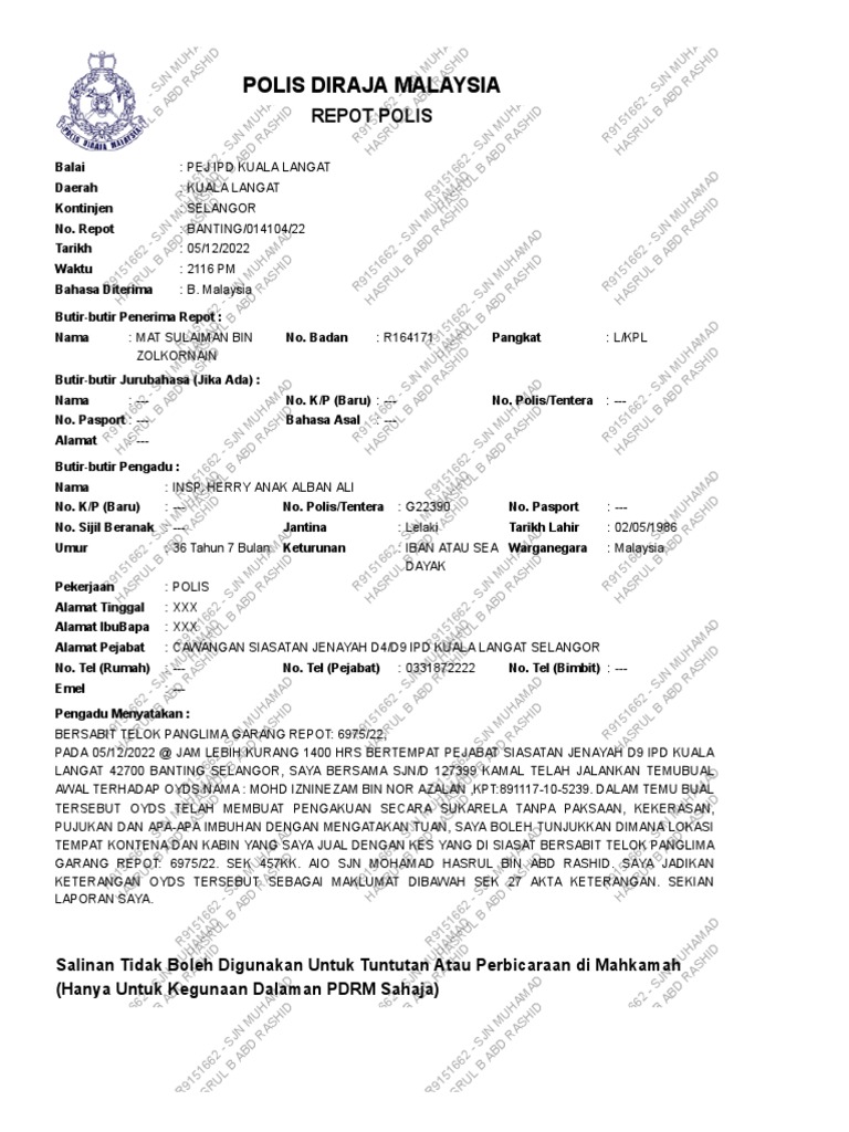 Laporan Polis SJN Muhamad Hasrul | PDF